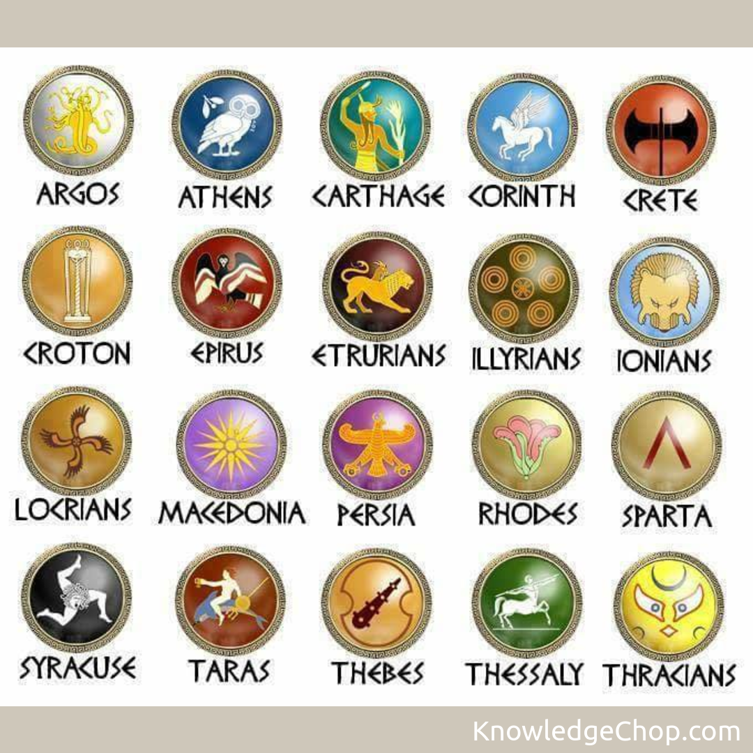 Shields and emblems of the Ancient Greek cities. | 🥷 Knowledge Ninja