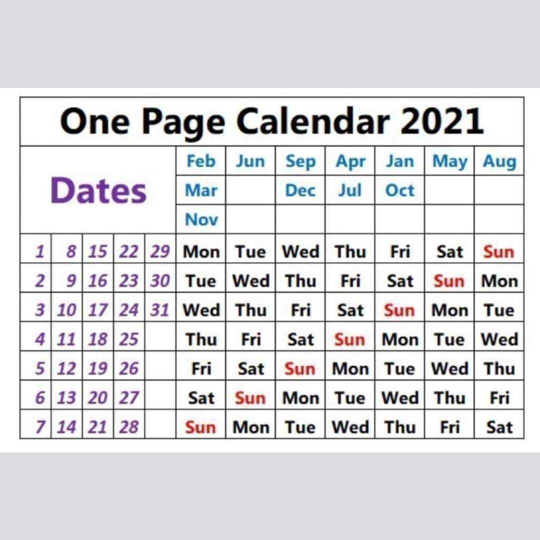 A cool 2021 one page calendar