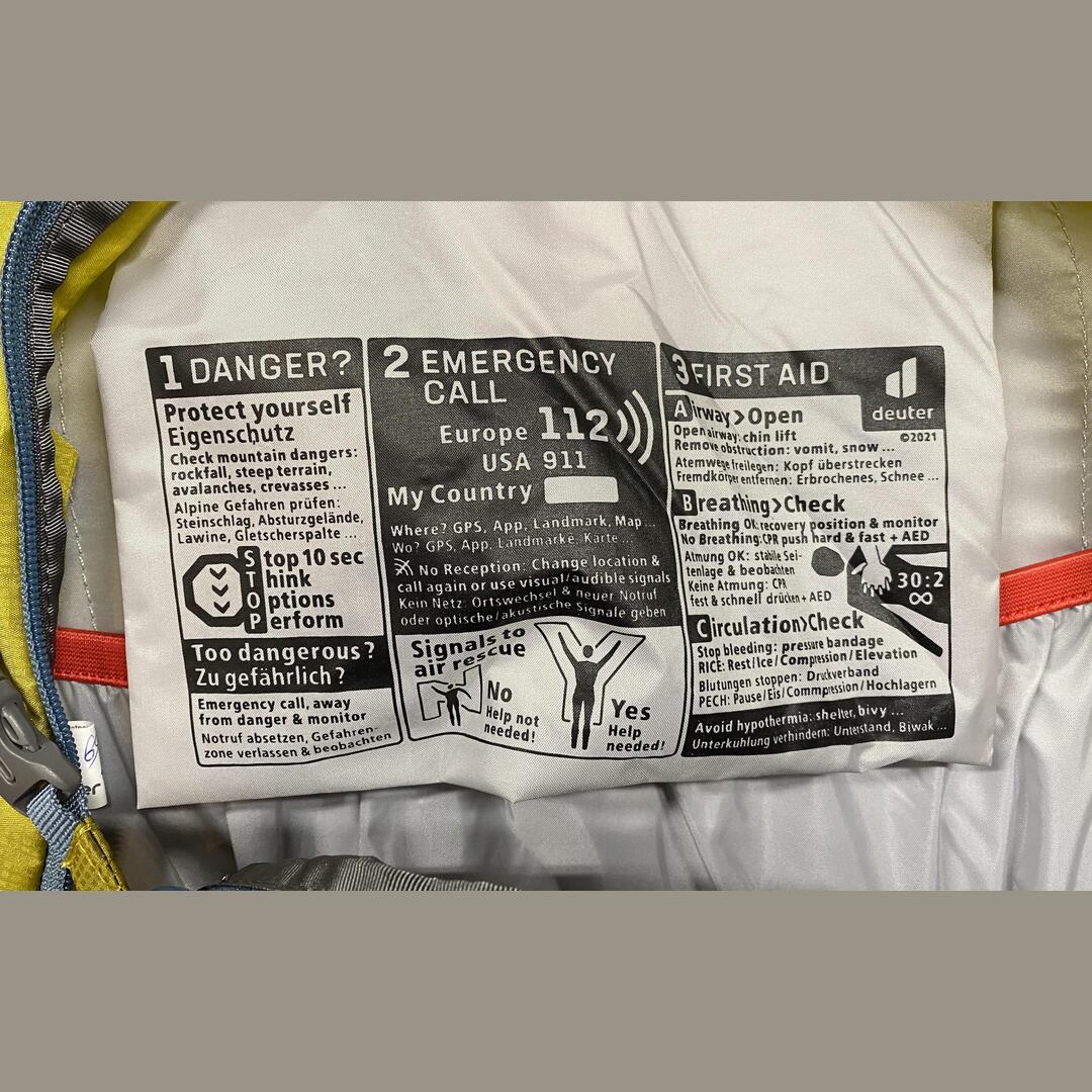 Practical survival guide printed inside a hiking pack